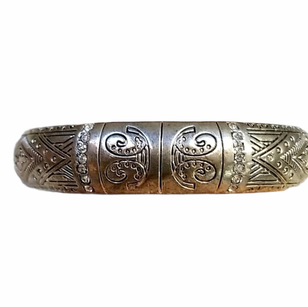 Vintage Etched Tribal Pewter Bangle Bracelet - Gem